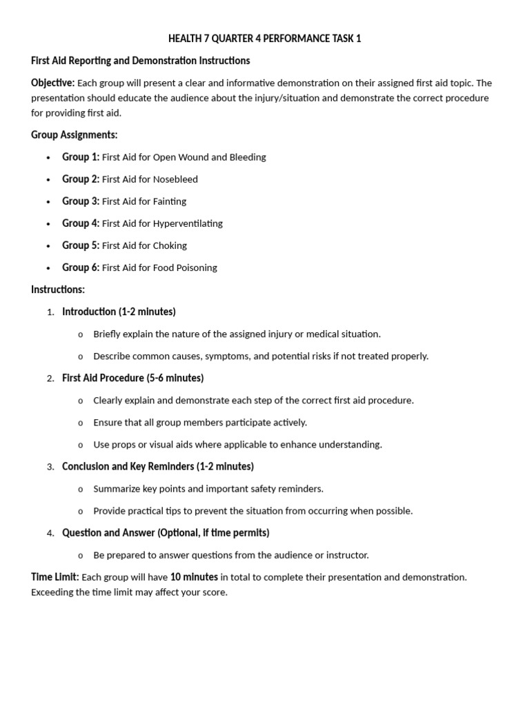 Health 7 Quarter 4 Performance Task 1 | PDF | First Aid | Public Safety