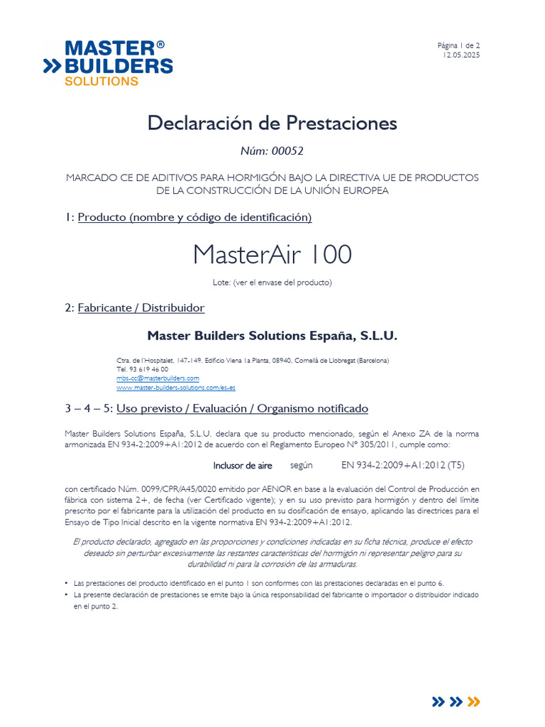 Declaración de Prestaciones MasterAir 100 | PDF | Hormigón
