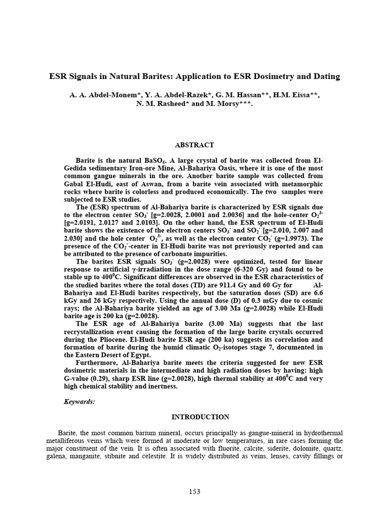 ESR Signals in Natural Barites: Application To ESR Dosimetry and Dating ...