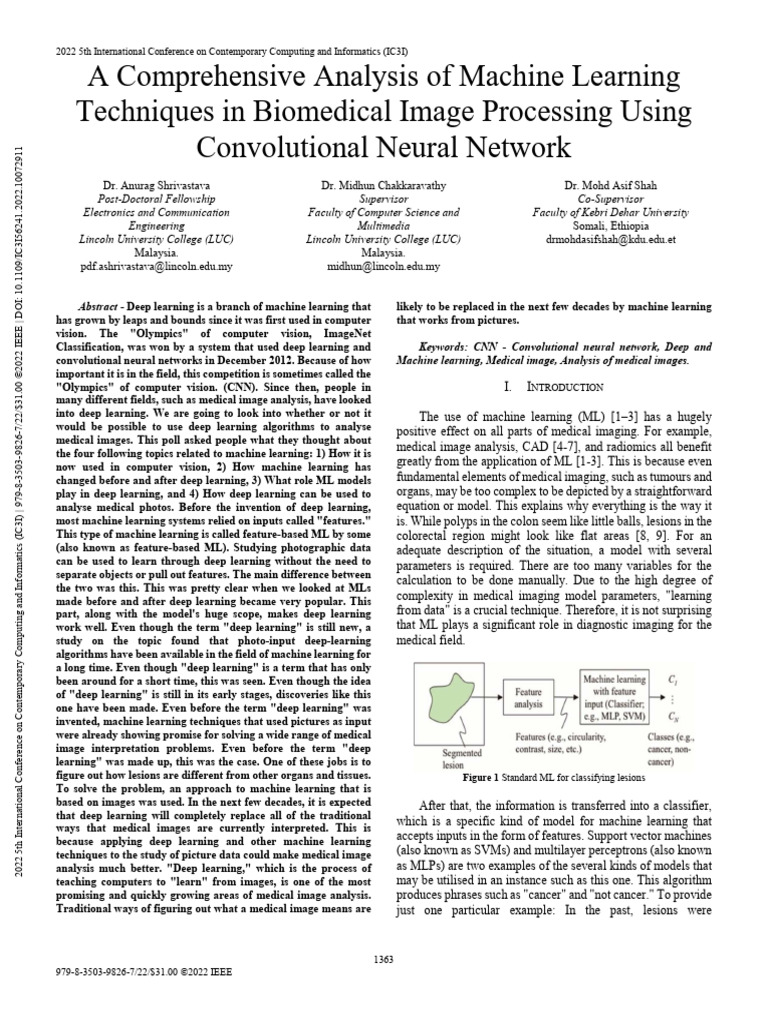 A Comprehensive Analysis of Machine Learning Techniques in Biomedical Image Processing Using ...