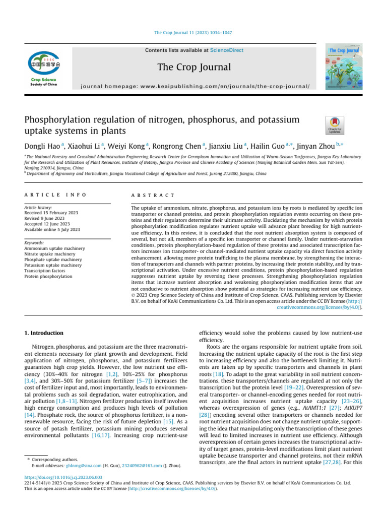 Phosphorylation Regulation of Nitrogen, Phosphorus, and Potassium Uptake Systems in Plants | PDF ...