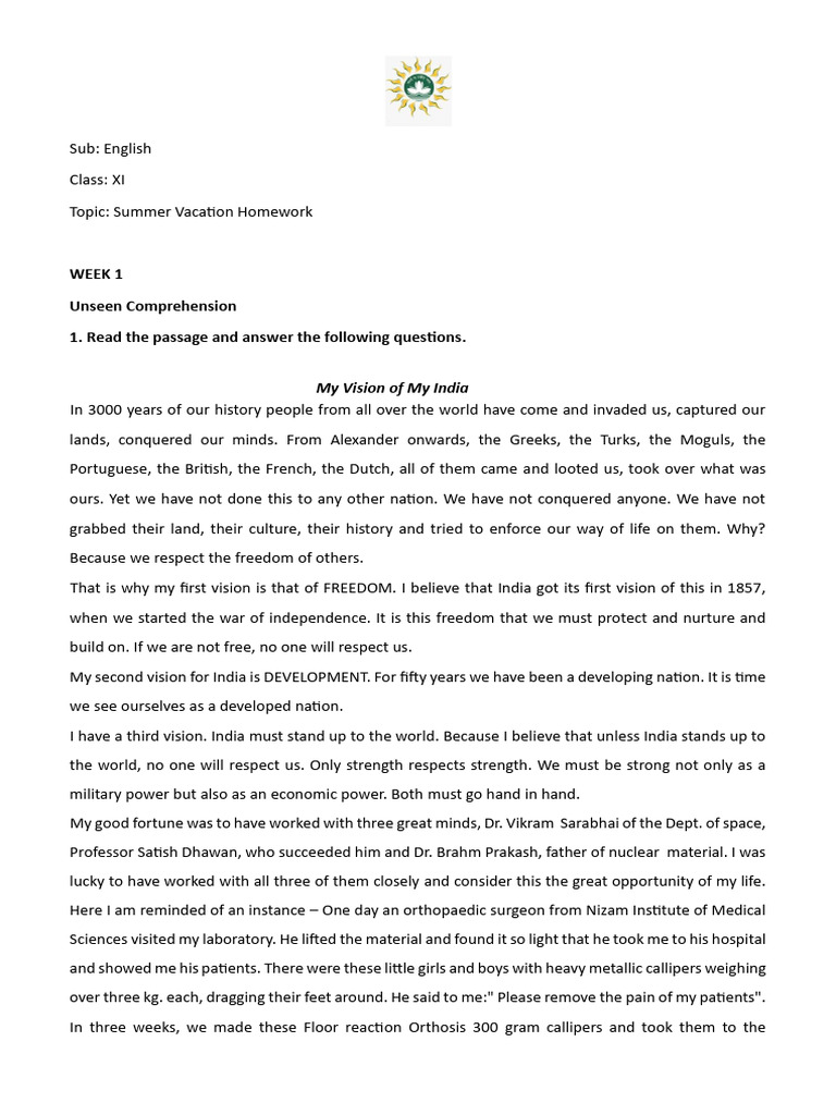 Class 11 Eng Summer Vacation Homework PDF | PDF