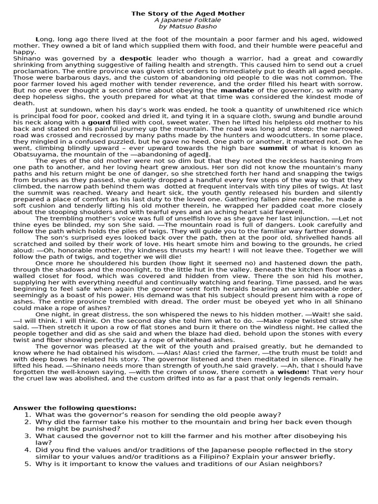 The Aged Mother: A Japanese Folktale | PDF