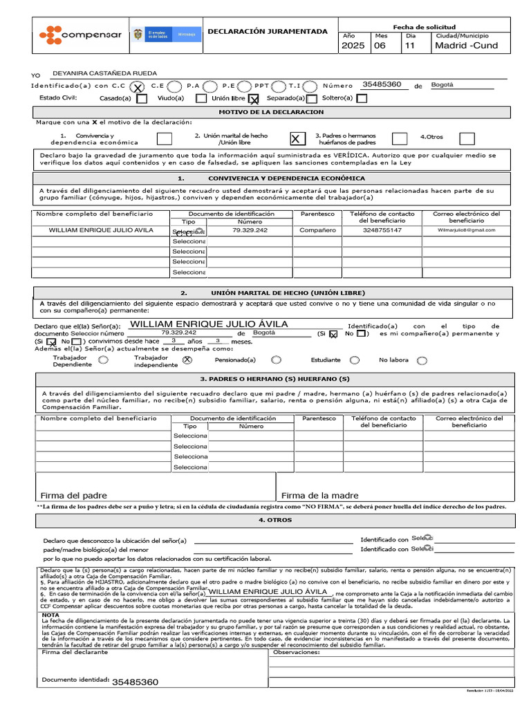 Formato Afiliación Compensar Wilmar | PDF