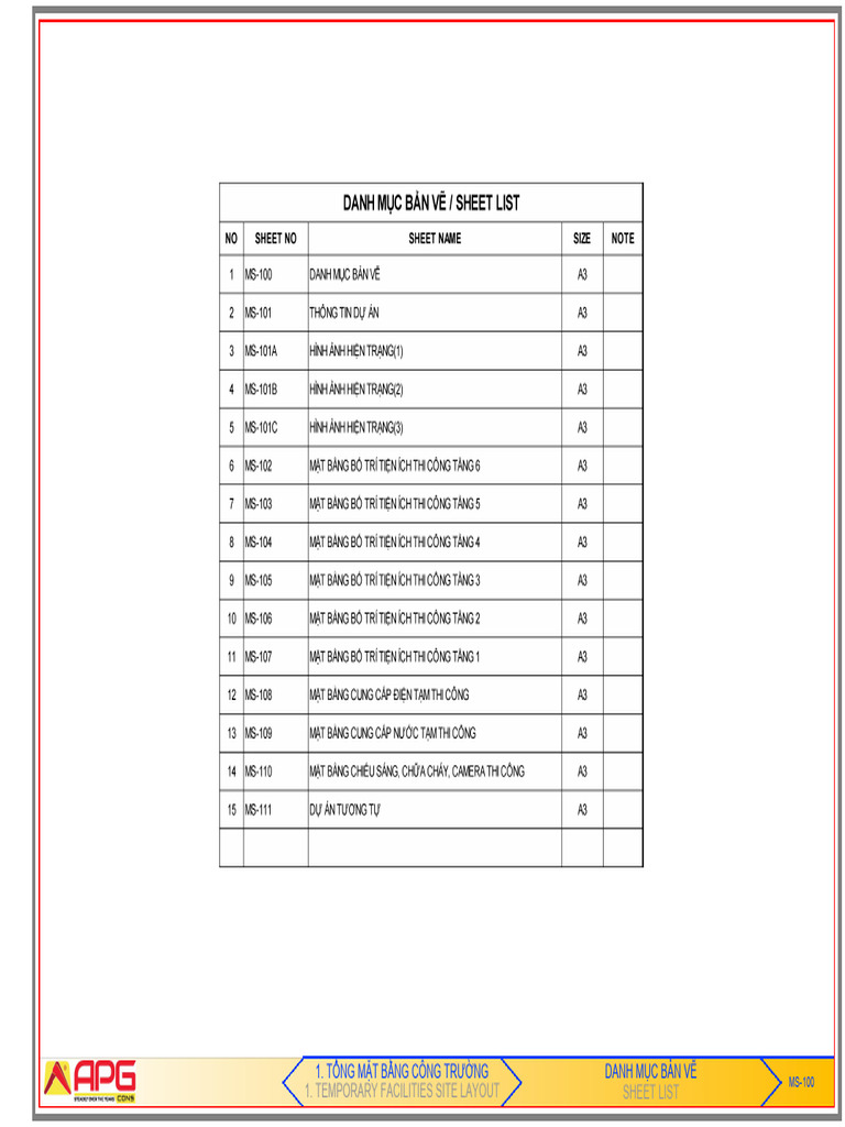 Sheet List 1. Temporary Facilities Site Layout: Danh Mục Bản Vẽ 1. Tổng ...