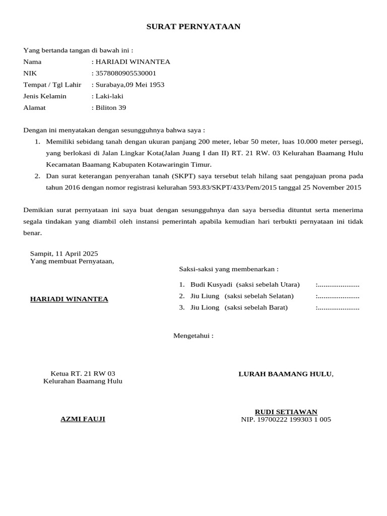 Surat Pernyataan Hilang SKT | PDF