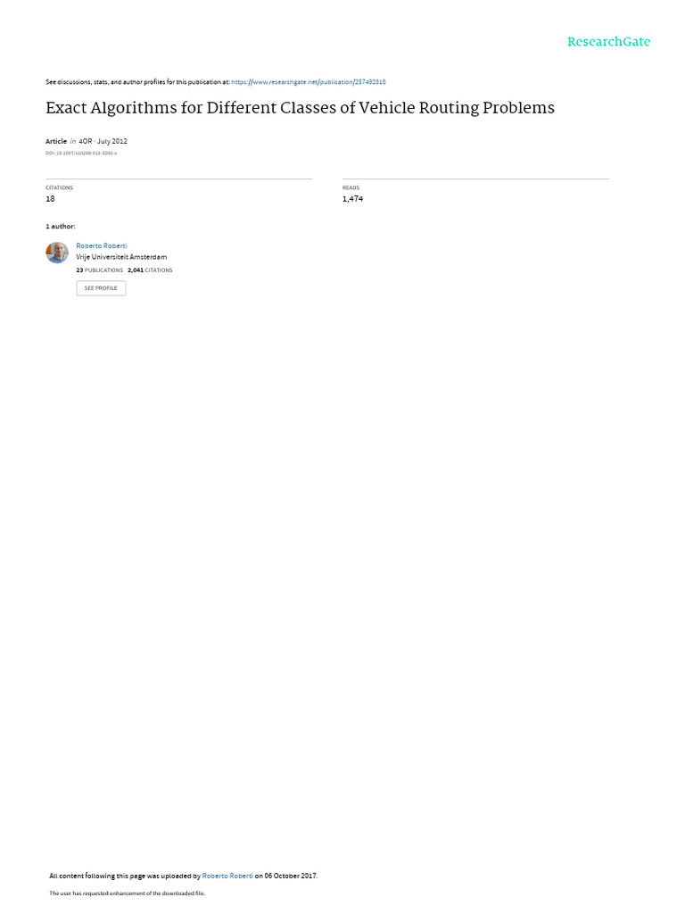Exact Algorithms For Different Classes of Vehicle | PDF | Linear Programming | Combinatorics