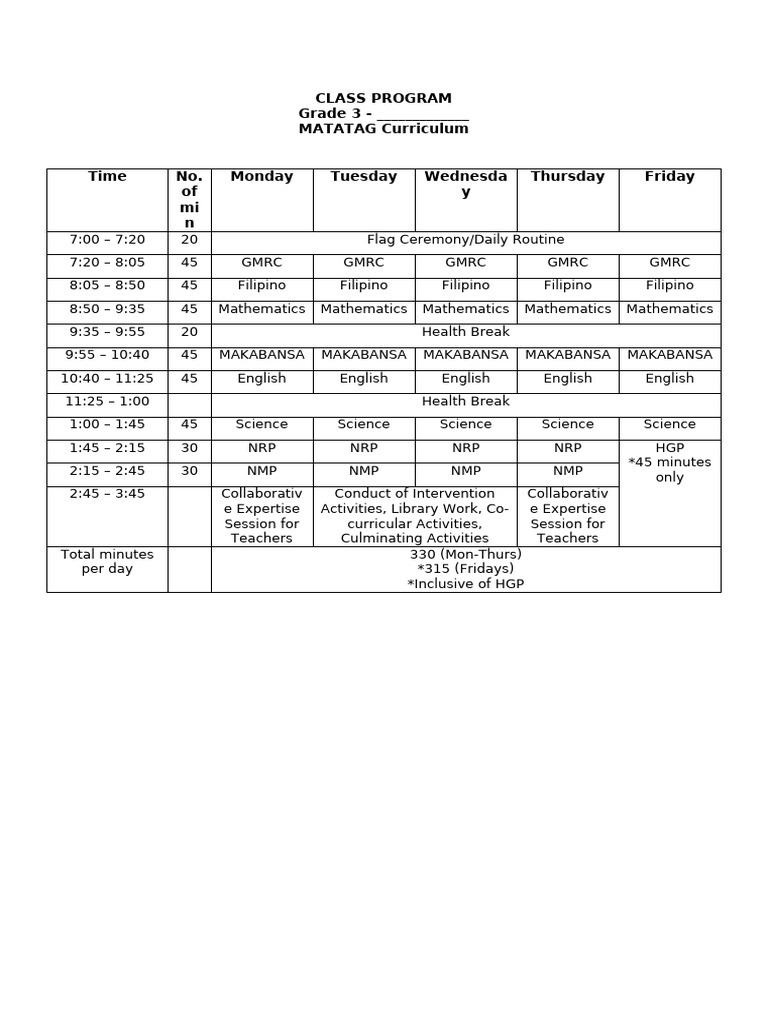 Class Program Matatag Grade 3 | PDF
