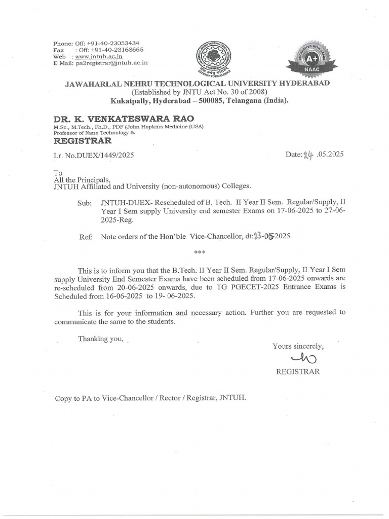 Rescheduling BTech II Year University Semester End Exams | PDF