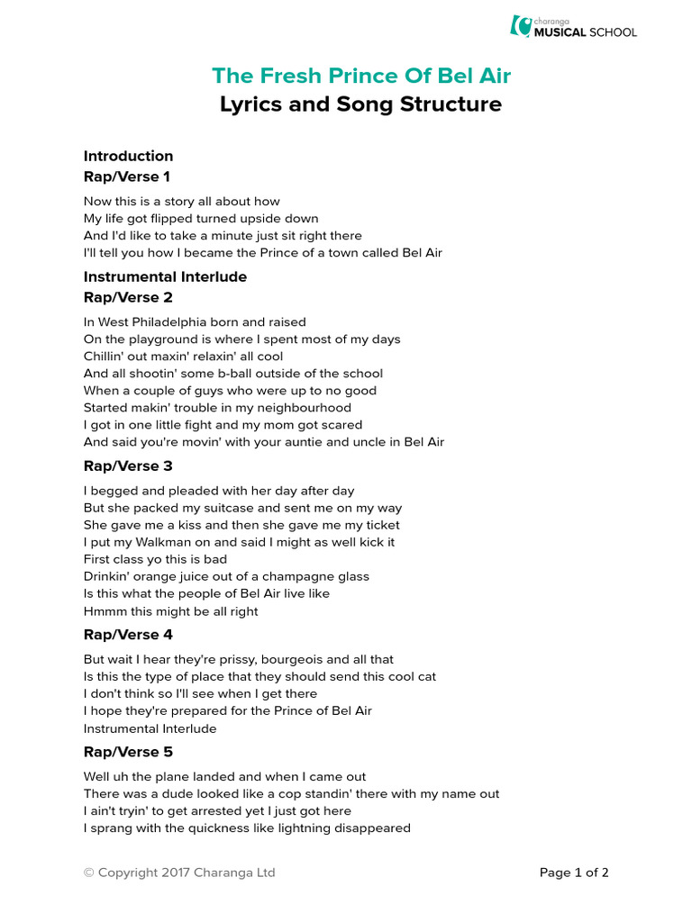 Fresh Prince of Bel-Air Lyrics | PDF