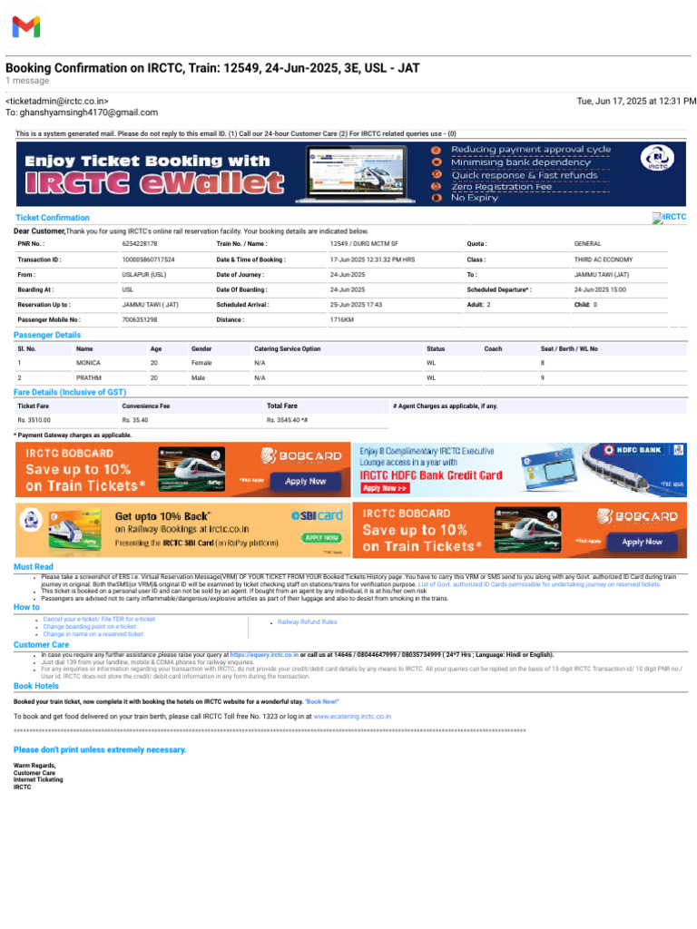 Gmail - Booking Confirmation On IRCTC, Train - 12549, 24-Jun-2025, 3E ...