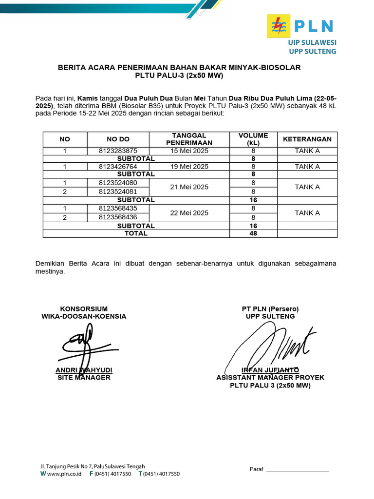 BA Penerimaan BBM Per 15-22 Mei 2025 (48 KL) | PDF