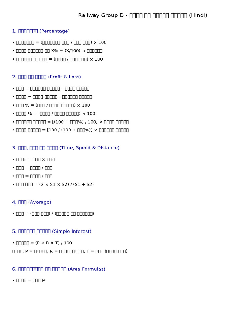 Railway Group D Math Formulas Hindi | PDF