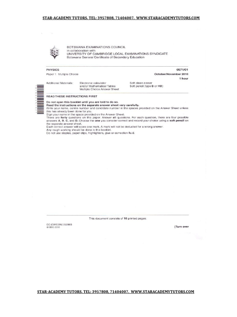 BGCSE Physics Paper 1, 2010 | PDF