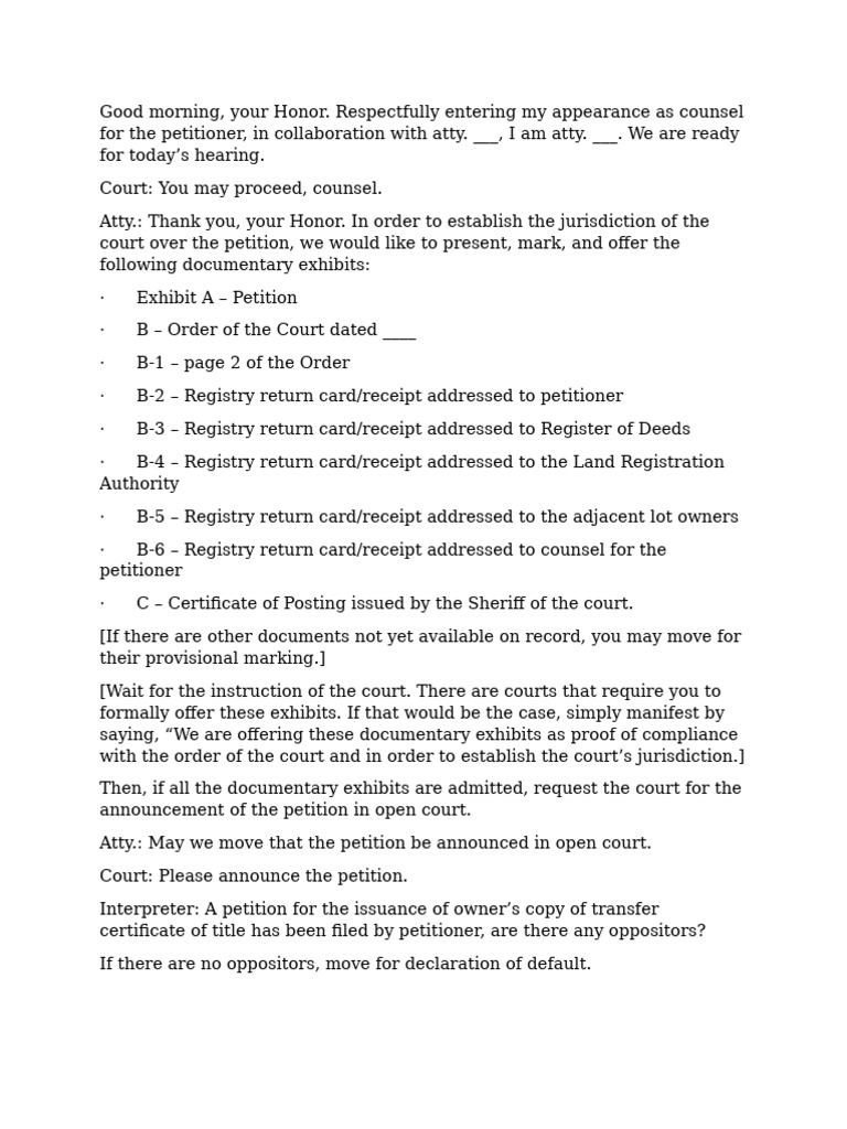 Jurisdictional Hearing Script for Title Reissuance | PDF