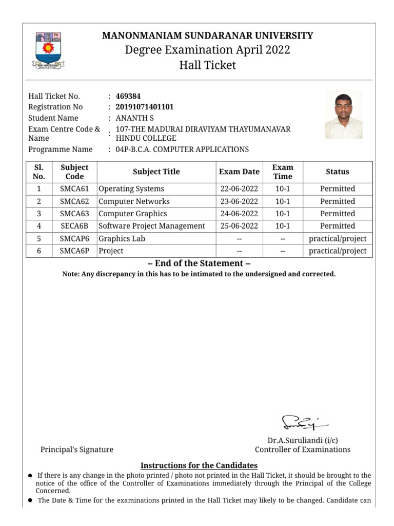 Degree Examination April 2022 - HallTicket | PDF