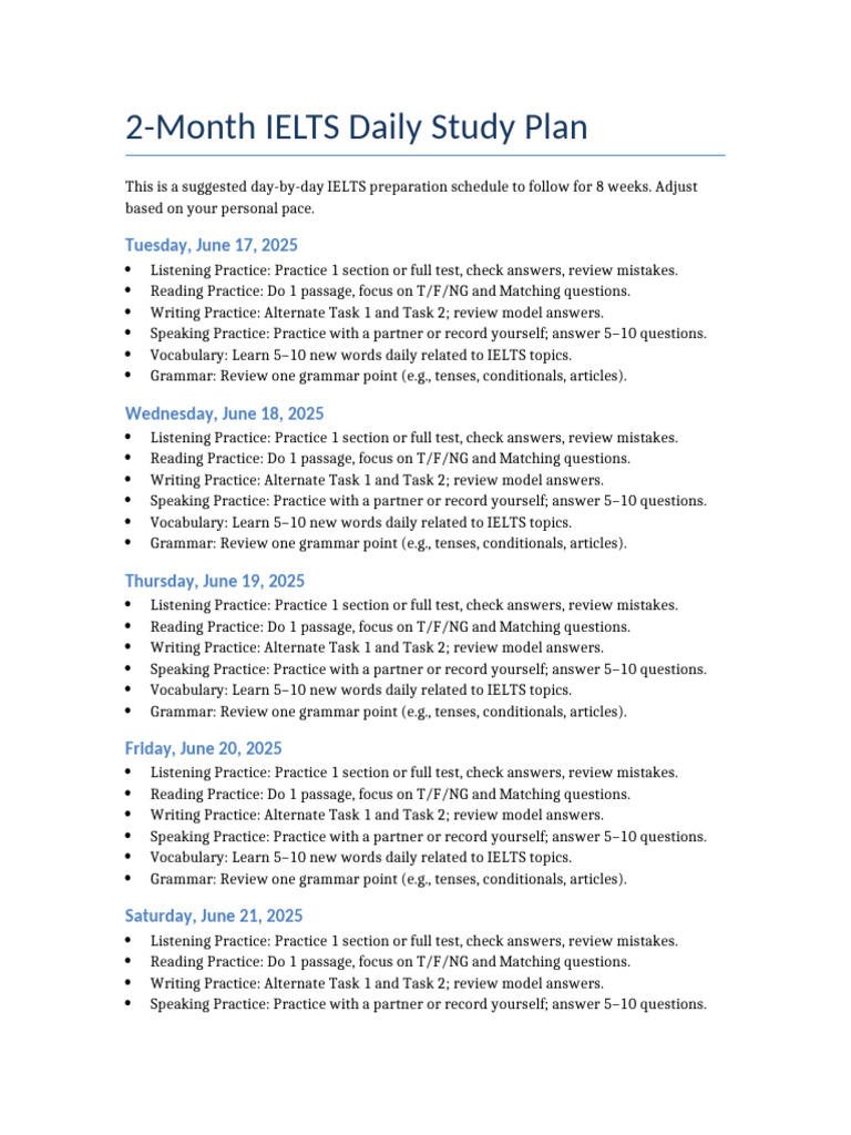 2-Month IELTS Daily Study Plan | PDF | International English Language ...