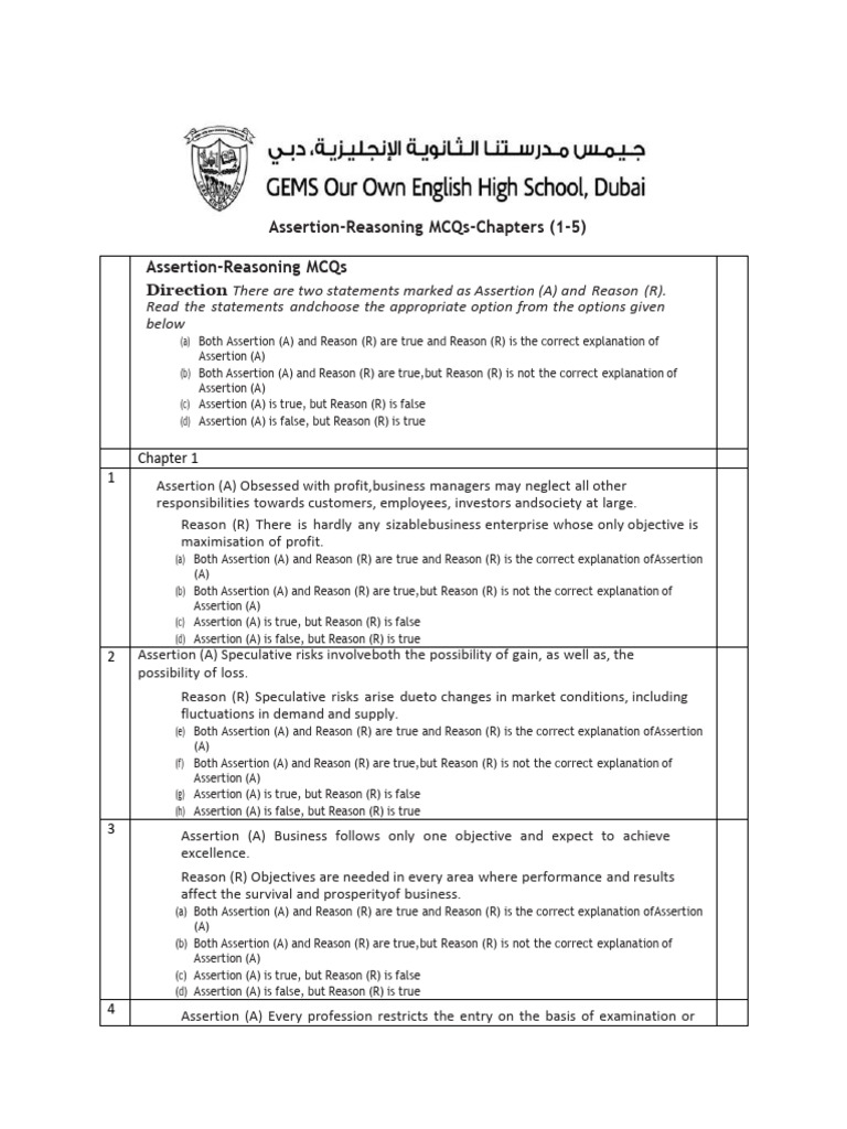 Assertion Reasoning Work Sheet CH (1 5) | PDF | Reason | Credit