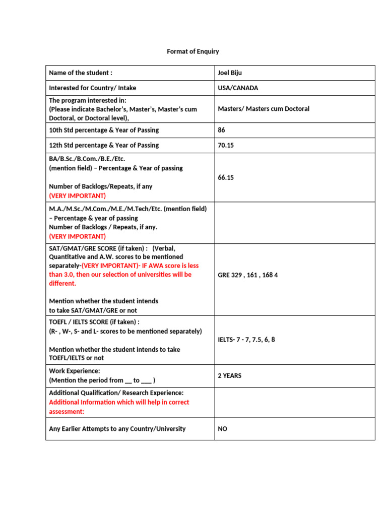 Format of Enquiry FILLED | PDF