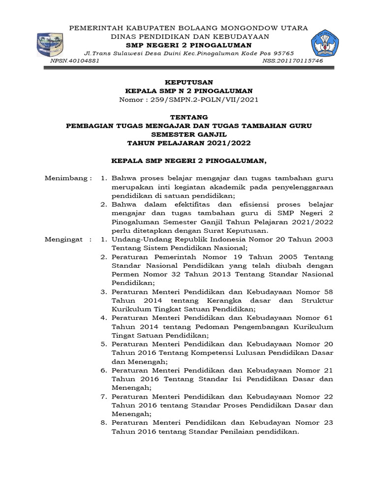 FIX BARU SK Pembagian Tugas 2021 | PDF