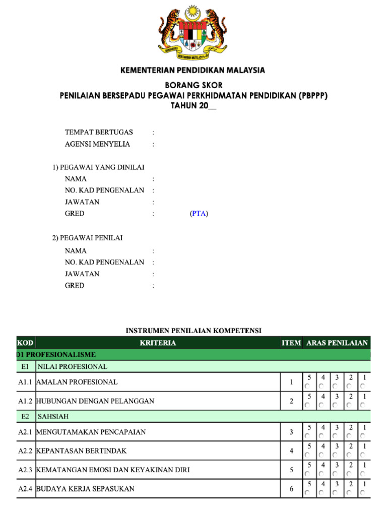 Borang Skor - Instrumen Penilaian PTA | PDF