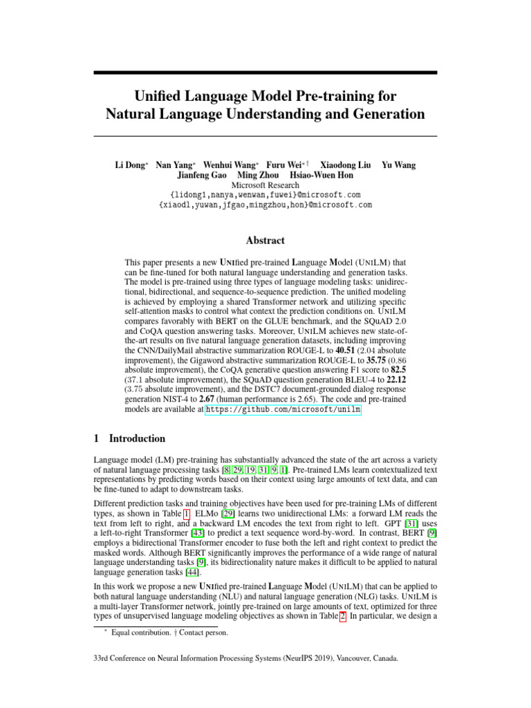 Unified Language Model Pre-Training For Natural Language Understanding and Generation | PDF ...