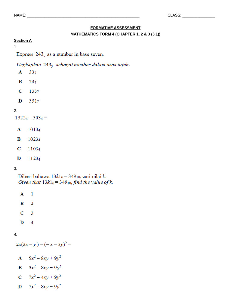 Formative Assessment Form 4 2023 | PDF