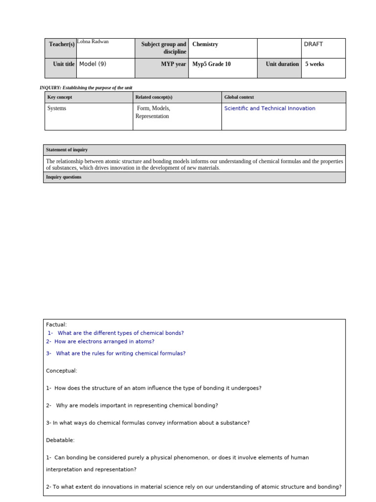 Unit Planner Chemistry Patterns | PDF | Chemical Bond | Chemical Compounds