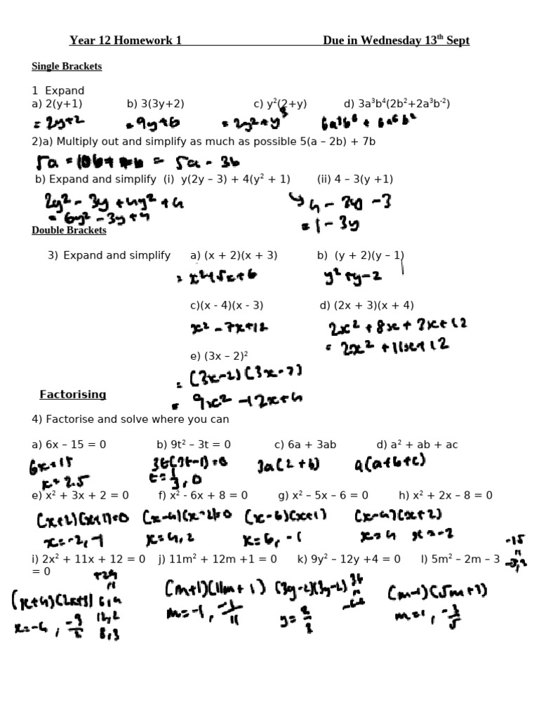Year 12 Homework 1 Due in Wednesday 13 Sept: Single Brackets | PDF