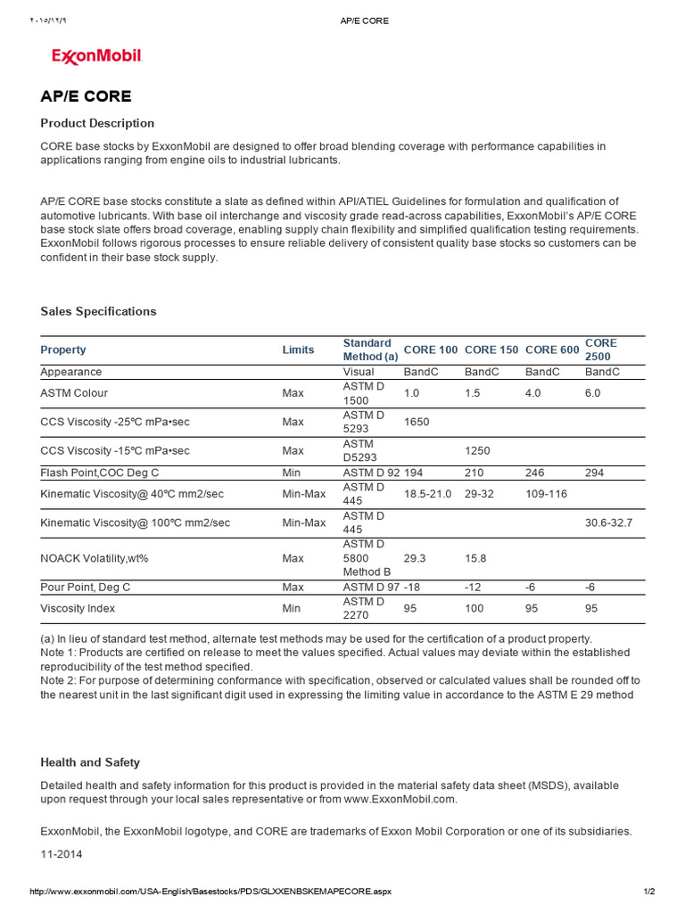 ExxonMobil AP/E Core Base Stocks Overview | PDF | Motor Oil