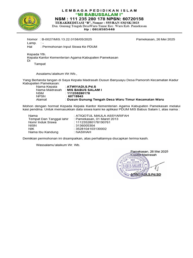 Permohonan Input Data Siswa Di Pdum 111235280178 | PDF
