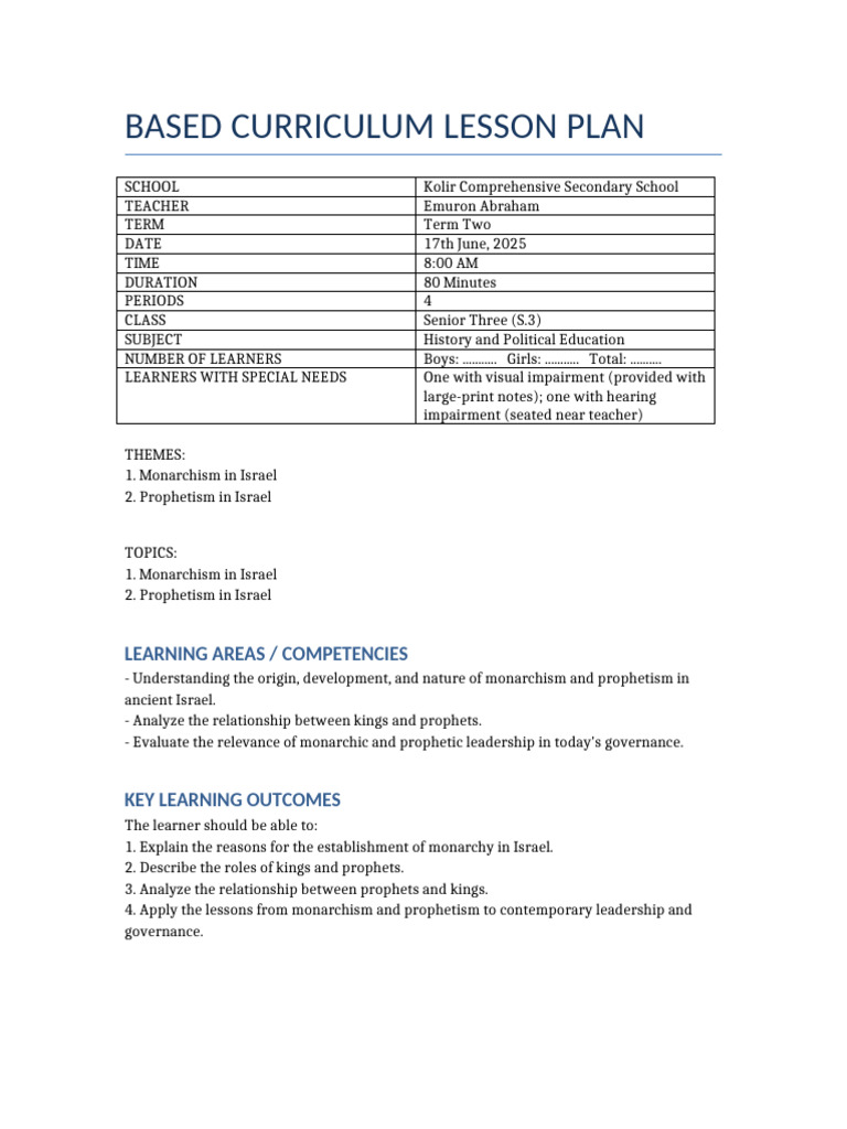 Lesson Plan Kolir Comprehensive | PDF | Samuel | Leadership