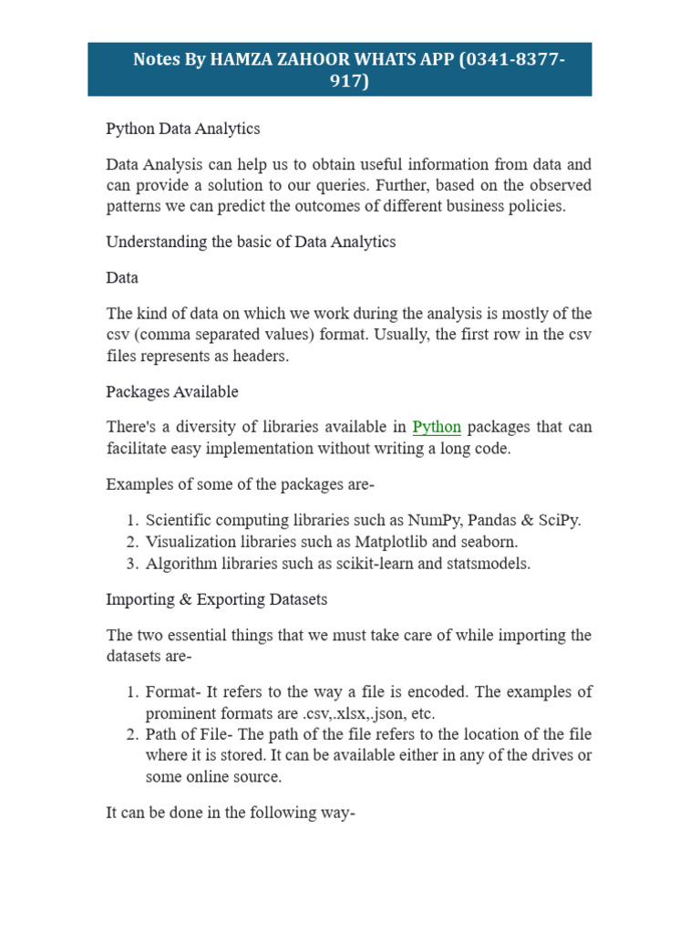 Python Basics - Hamza Zahoor | PDF | Statistical Analysis | Teaching ...