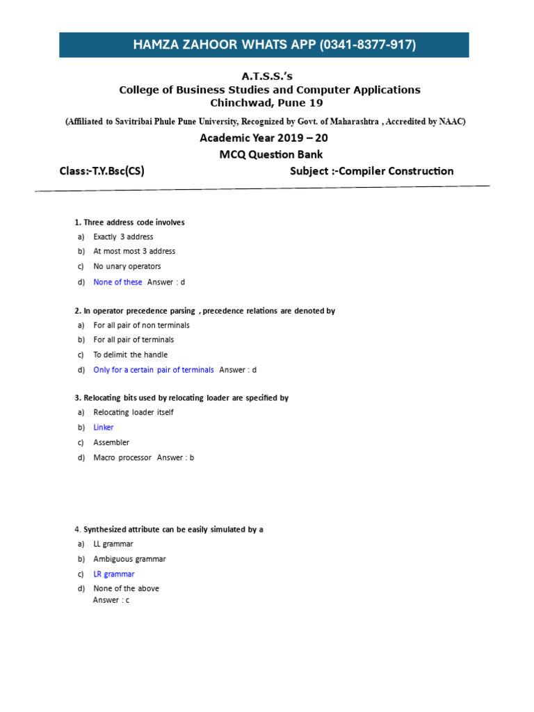 Compiler Construction MCQS Question Bank | PDF | Parsing | Compiler