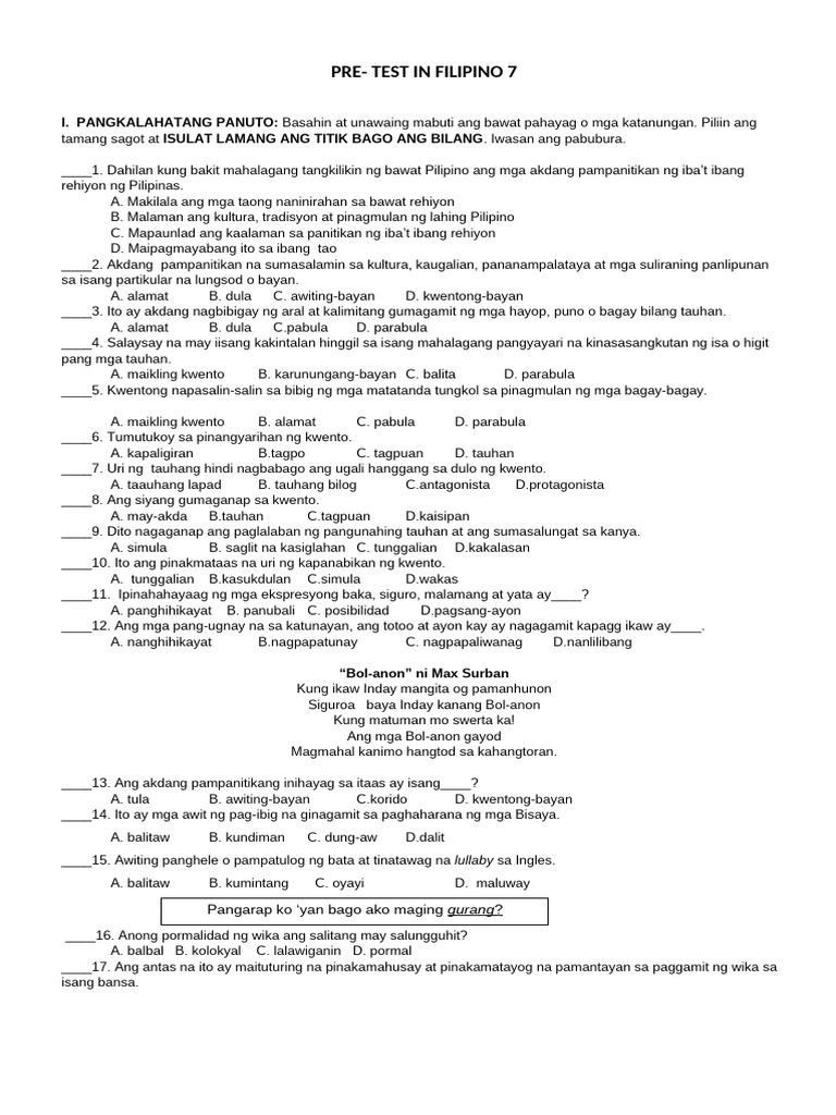 Diagnostic Test - Filipino 7 | PDF