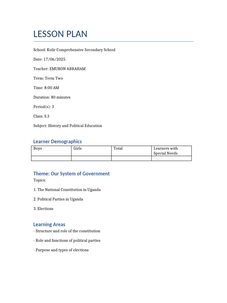History Lesson Plan S3 Our System of Government | PDF | Learning | Human Communication
