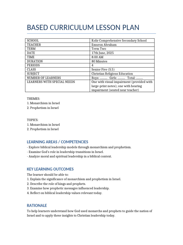 CRE Lesson Plan Kolir S5 | PDF | Bible | Leadership