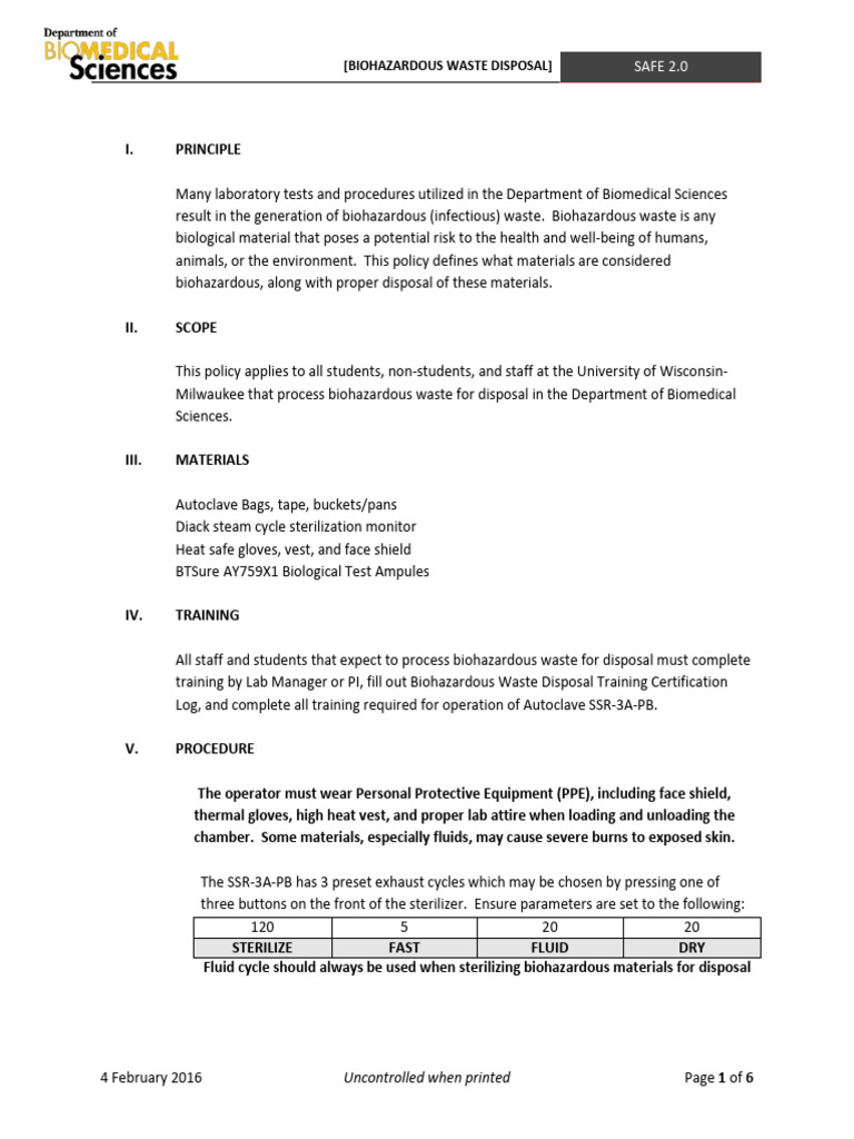 Biohazardous Waste Disposal SAFE 2.0 | PDF | Sterilization (Microbiology)