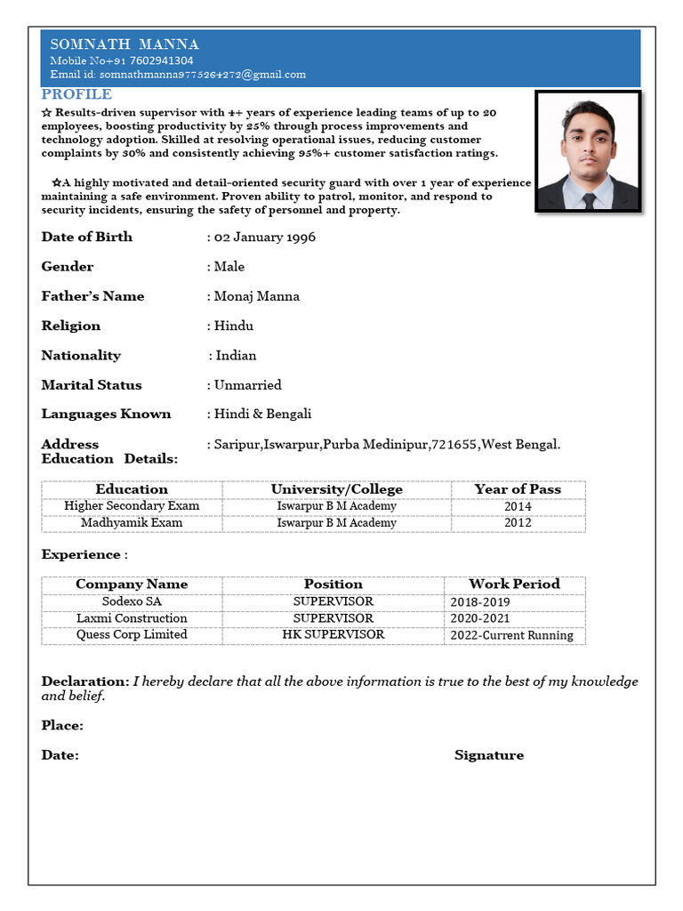 Simple Biodata Format For Freshers | PDF