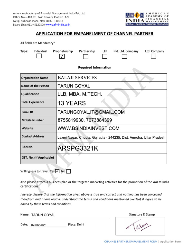 AAFM India Channel Partner - Association Form | PDF