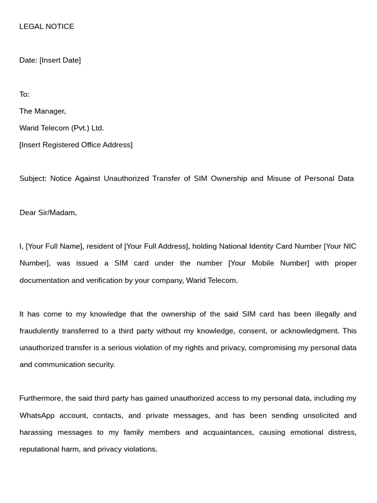 Legal Notice and PTA Complaint | PDF | Privacy | Telecommunications