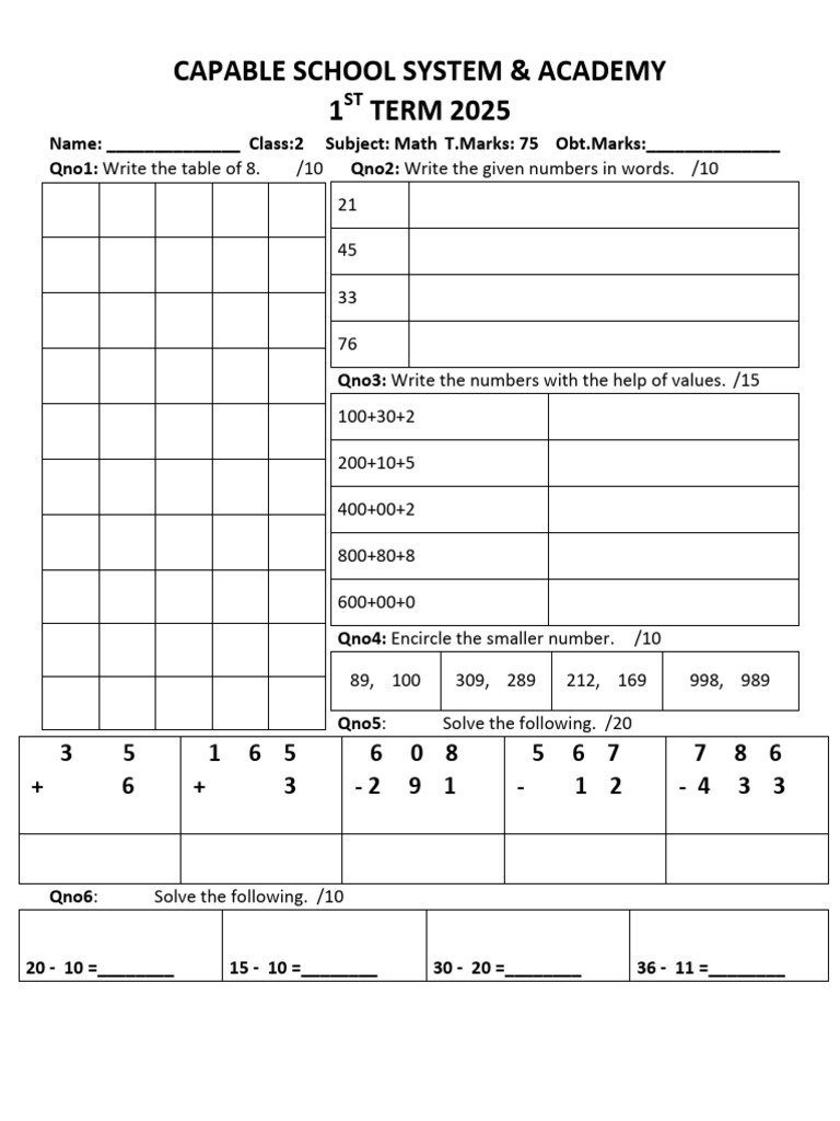 2025 Math Exam for Class 2 | PDF