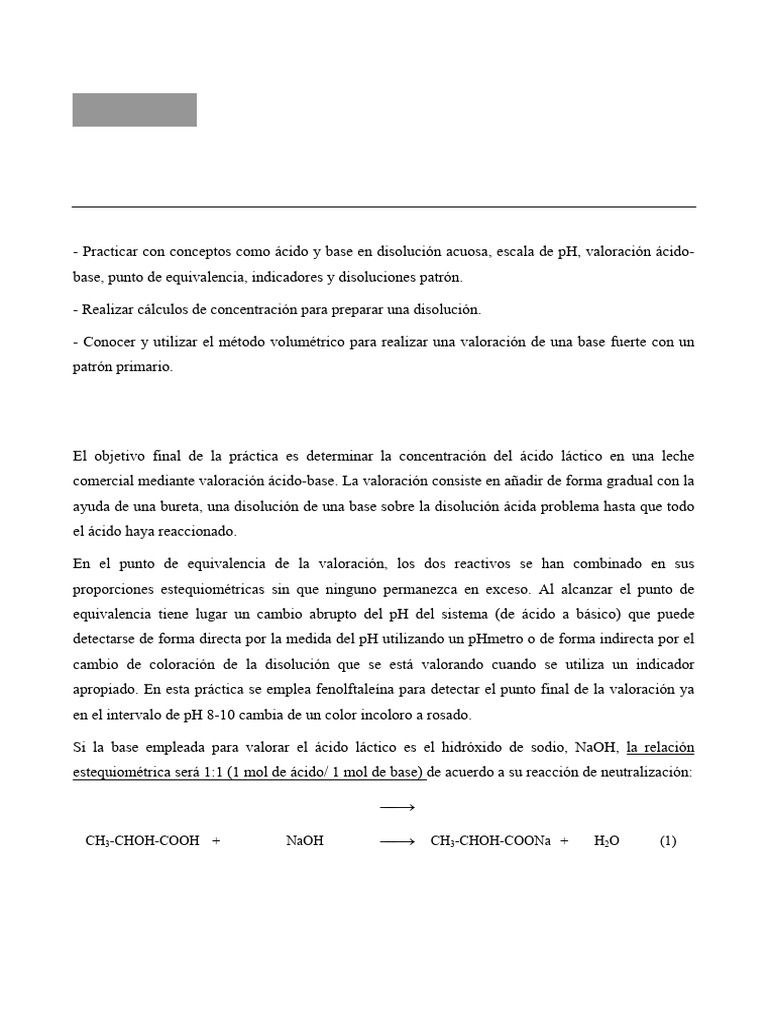 PR Ctica 1.an Lisis de La Acidez de Una Leche Comercial | PDF | Valoración | Química