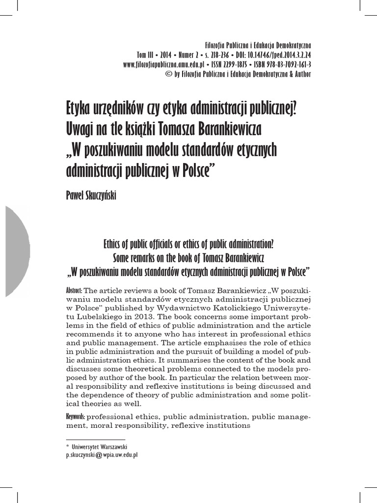 Etyka Urzędników Czy Etyka Administ | PDF