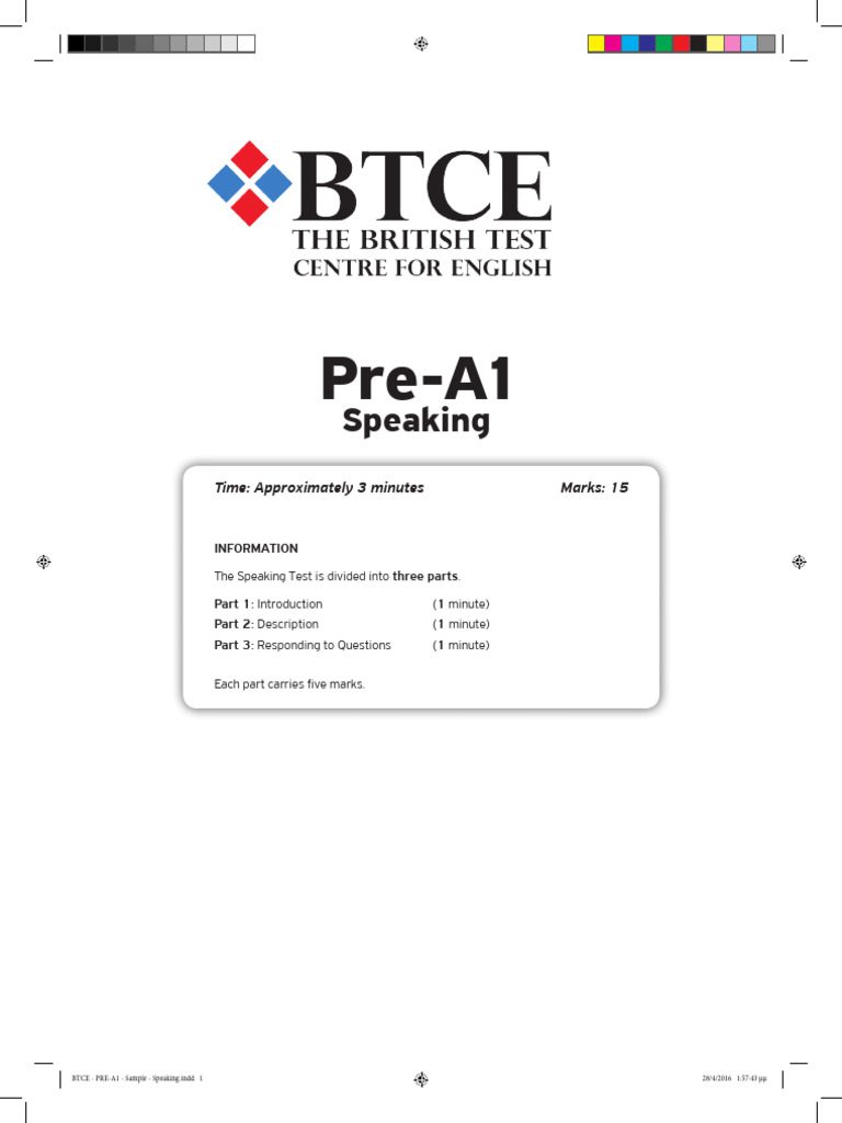 BTCE - Pre-A1 - Sample - Speaking | PDF