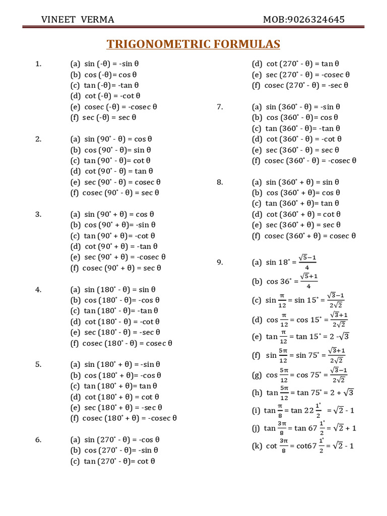 Trigonometry Formula Sheet For Class 11 | PDF | Trigonometric Functions ...