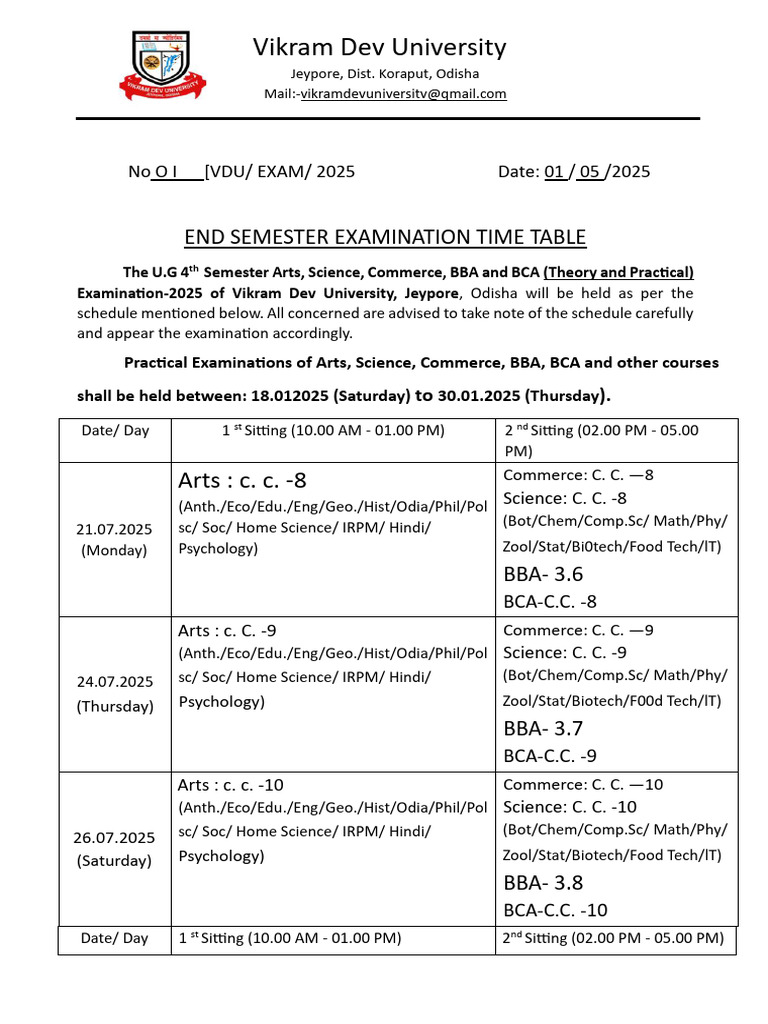 UG 4th Sem End Semester Examination Time Table Doc 250501 013730 | PDF