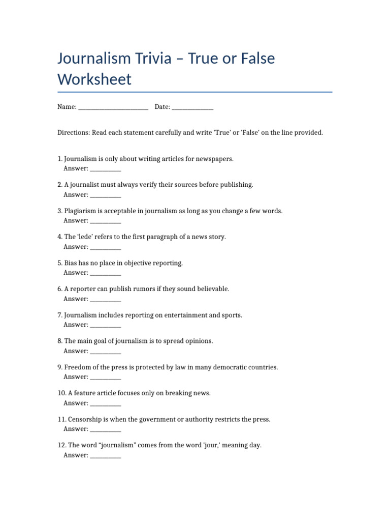 Journalism Trivia Worksheet | PDF