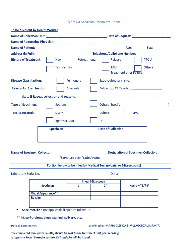 NTP Laboratory Request Form 2 | PDF | Health Sciences | Human Diseases ...
