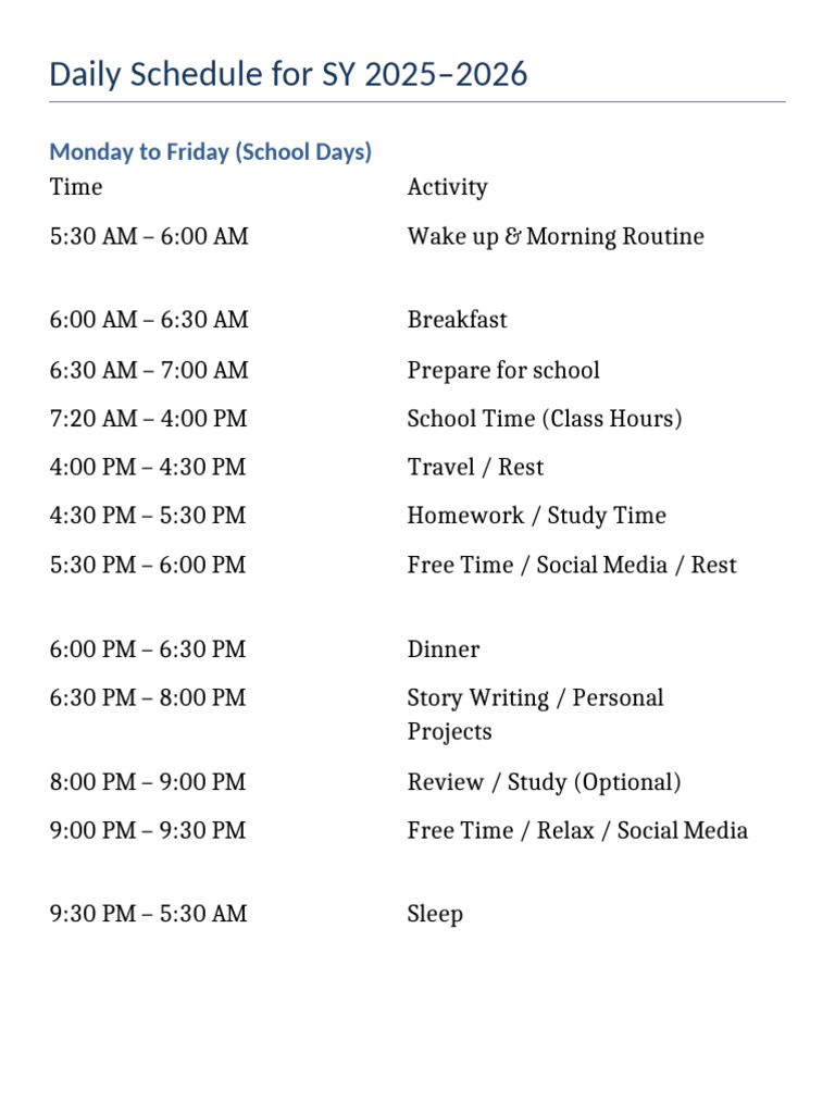 Daily Schedule for SY 2025-2026 | PDF